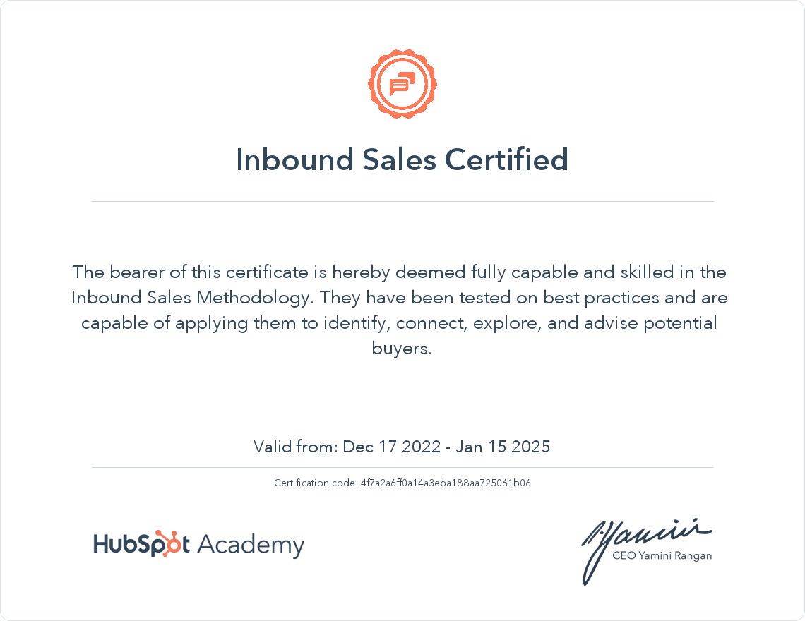 HubSpot Academy Inbound Sales Certification