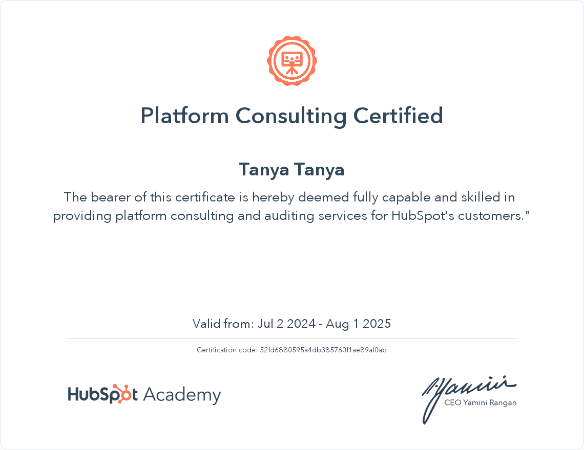 HubSpot Academy Platform Consulting Certification