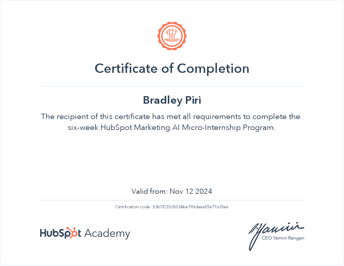 HubSpot Academy HubSpot Marketing AI Micro-Internship Program Certification