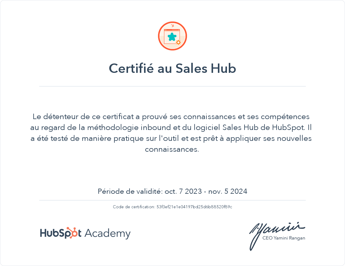 Certification Sales Hub de HubSpot de HubSpot Academy