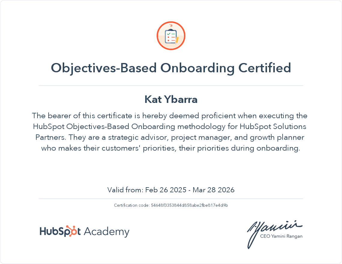 HubSpot Academy Objectives-Based Onboarding Certification