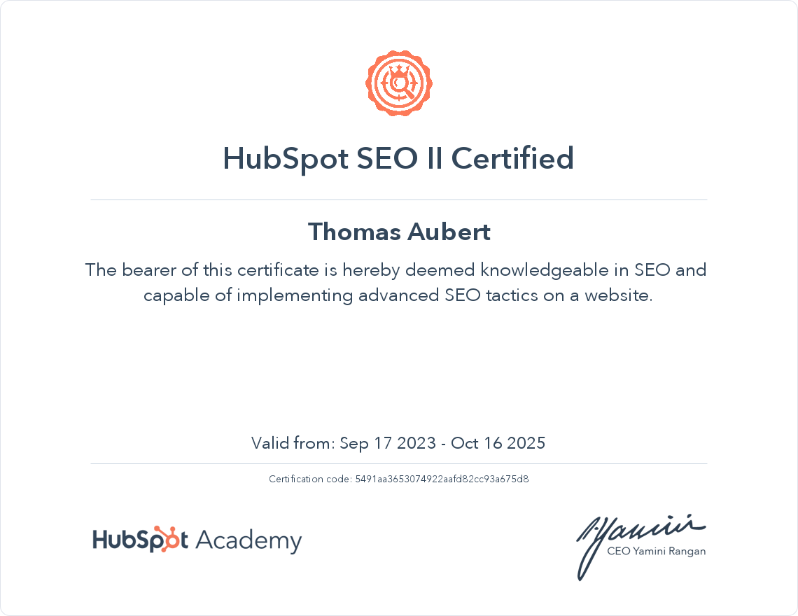 Certification SEO II de HubSpot Academy
