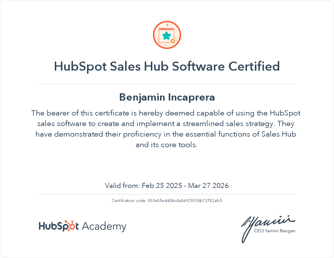 HubSpot Academy HubSpot Sales Hub Software Certification