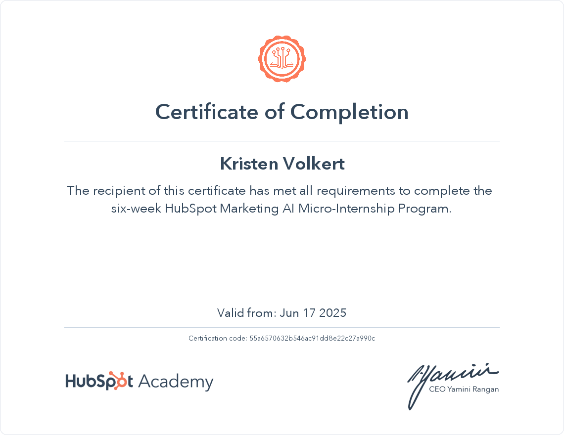 HubSpot Academy HubSpot Marketing AI Micro-Internship Program Certification