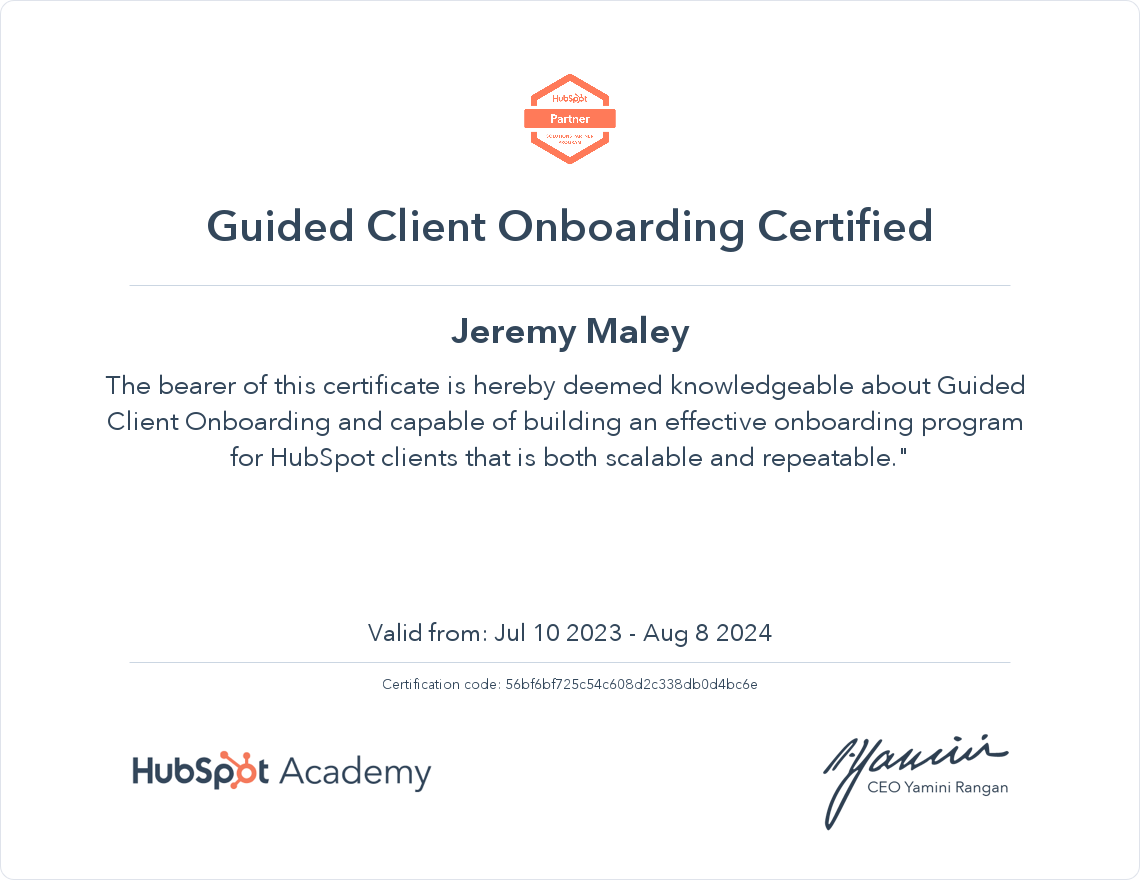Certification Guided Client Onboarding de HubSpot Academy
