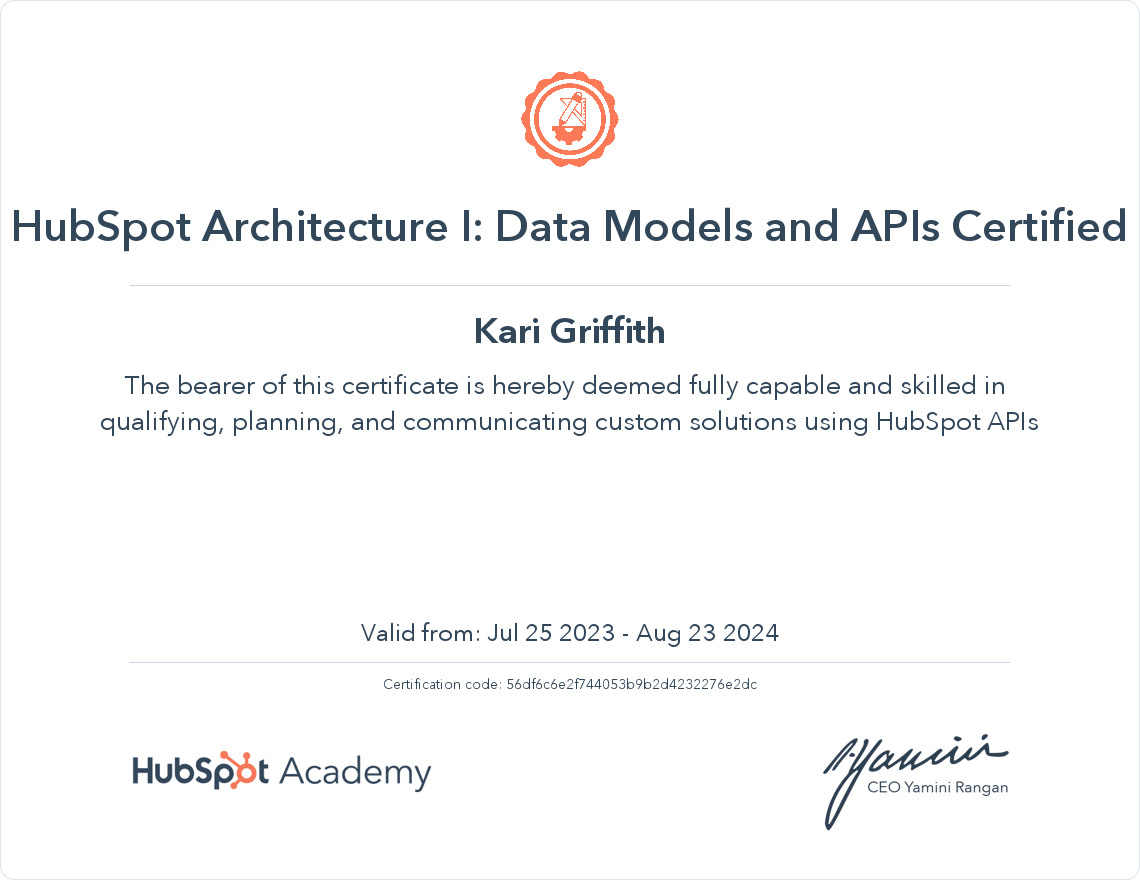 HubSpot Academy HubSpot Architecture I: Data Models and APIs Certification
