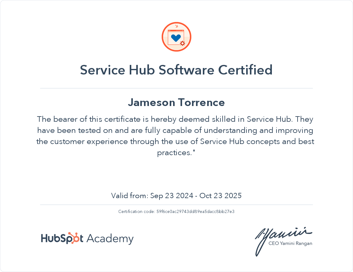 HubSpot Academy Service Hub Software Certification