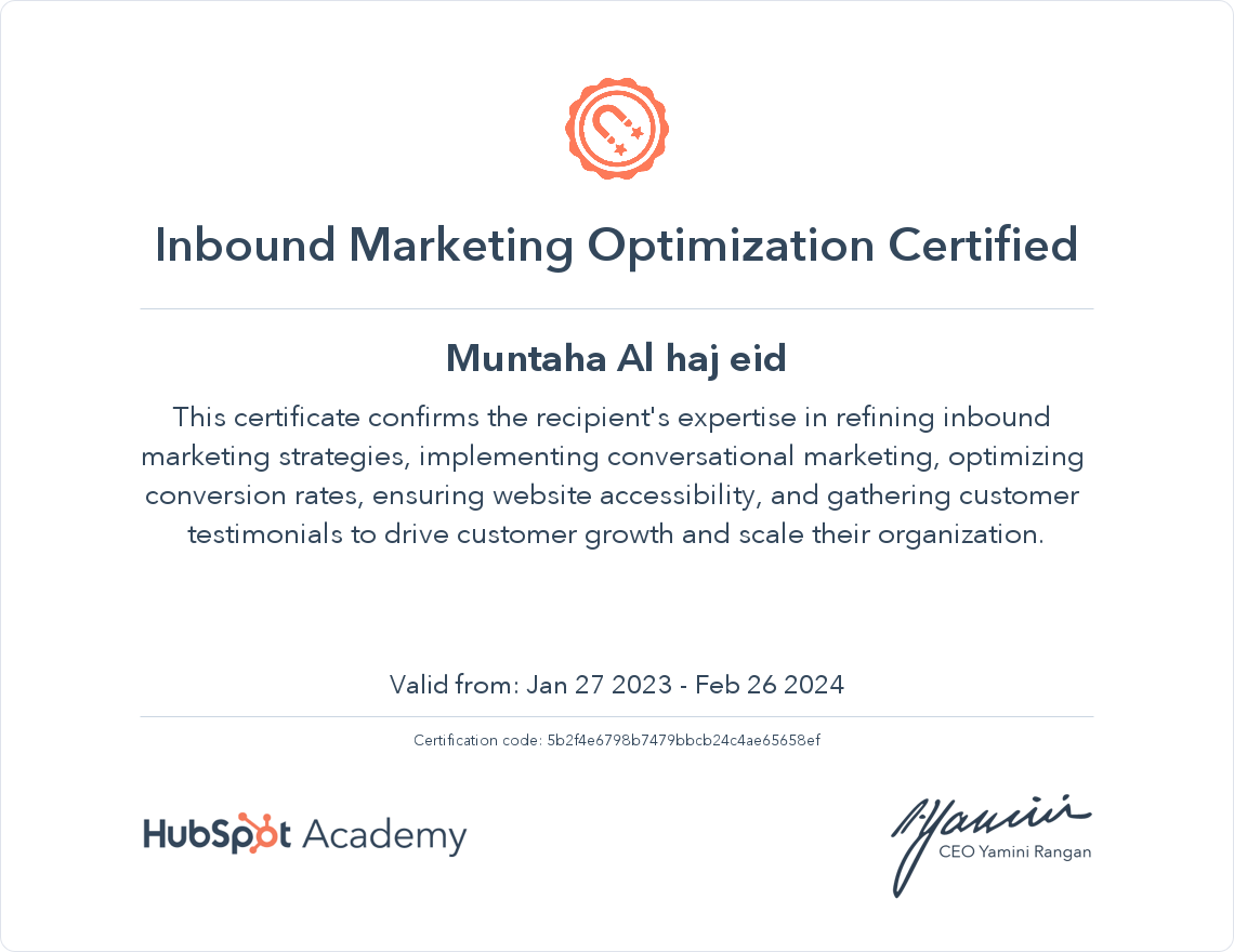 HubSpot Academy Inbound Marketing Optimization Certification
