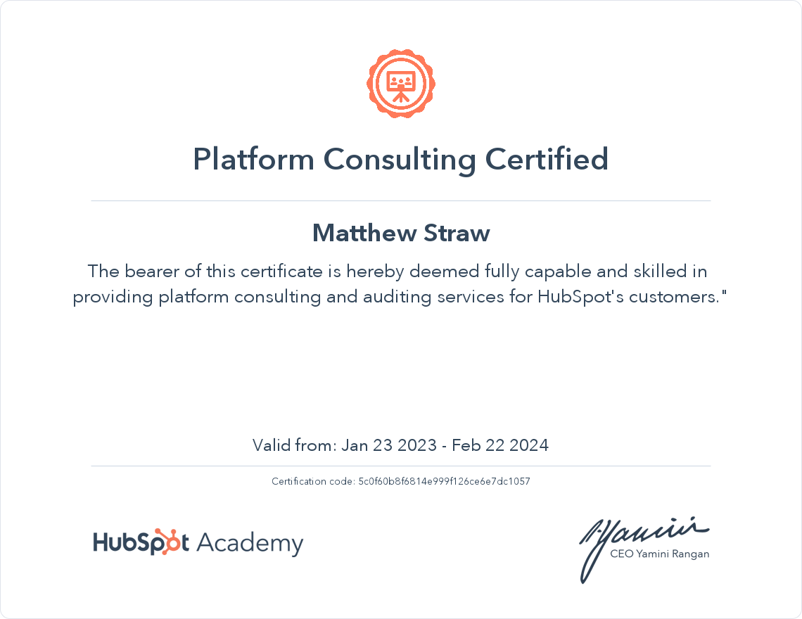 HubSpot Academy Platform Consulting Certification