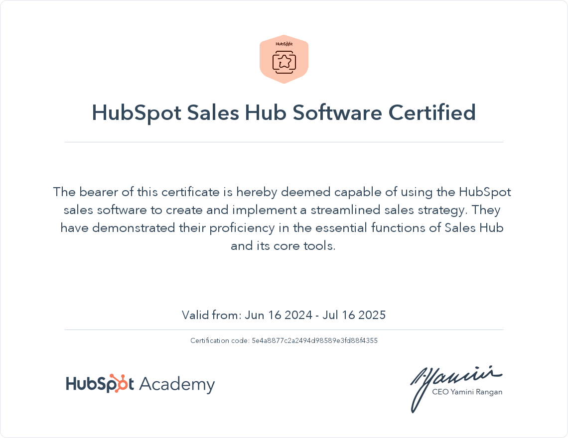 HubSpot Academy HubSpot Sales Hub Software Certification