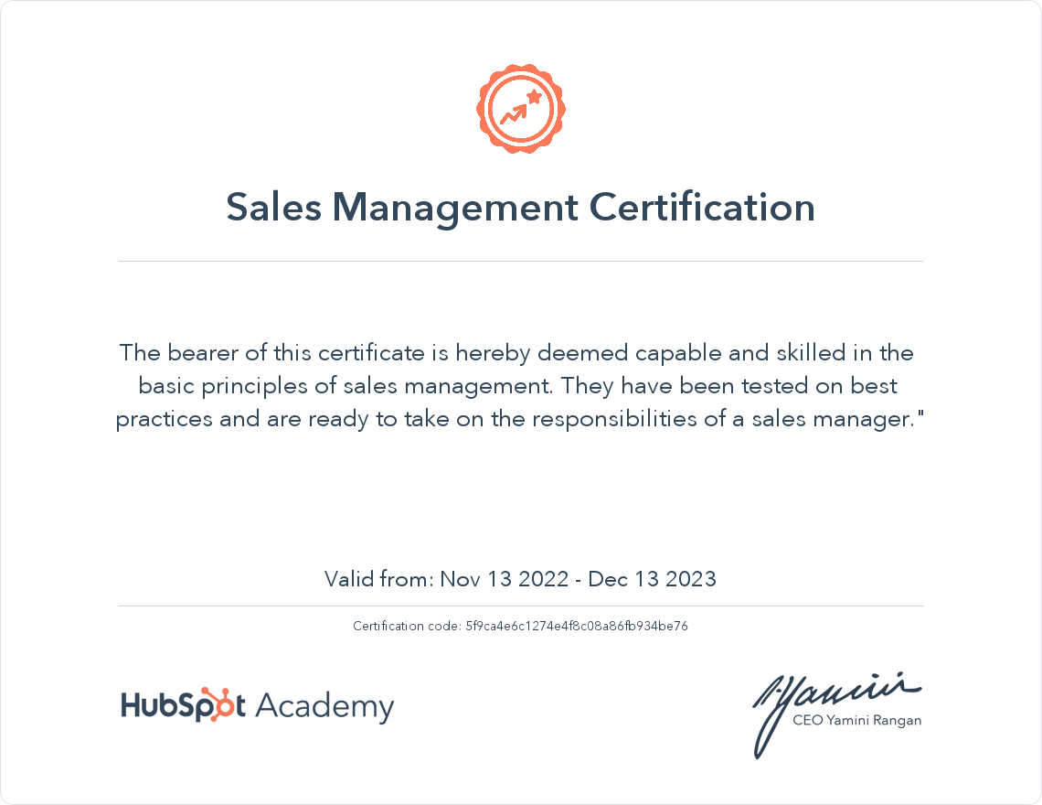 HubSpot Academy Sales Management Certification