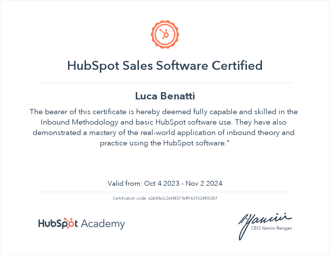Certificazione HubSpot Sales Software di HubSpot Academy