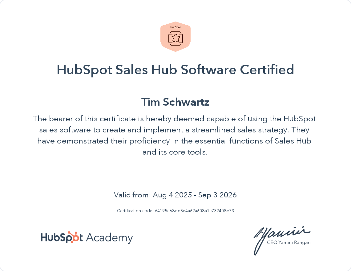 HubSpot Academy HubSpot Sales Hub Software Certification