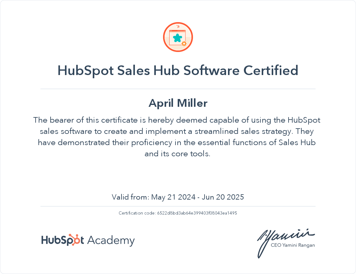 HubSpot Academy HubSpot Sales Hub Software Certification