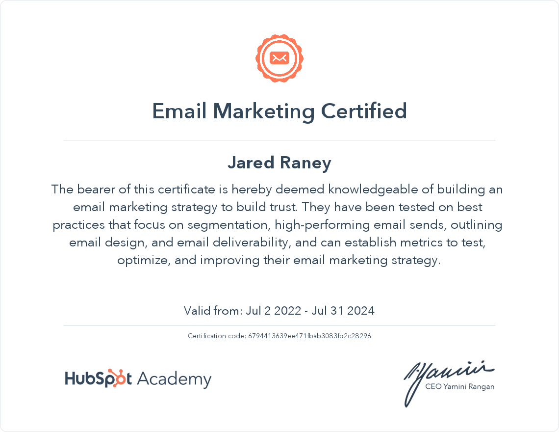 HubSpot Academy Email Marketing 2018 Certification