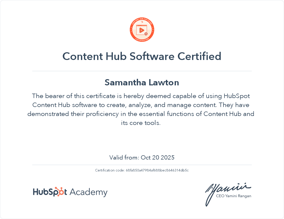 HubSpot Academy Content Hub Software Certification Certification