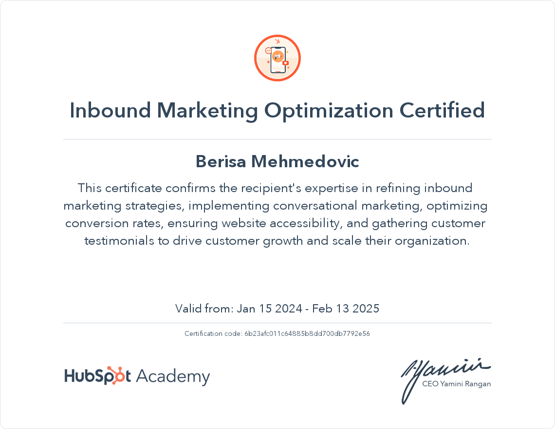 HubSpot Academy Inbound Marketing Optimization Certification