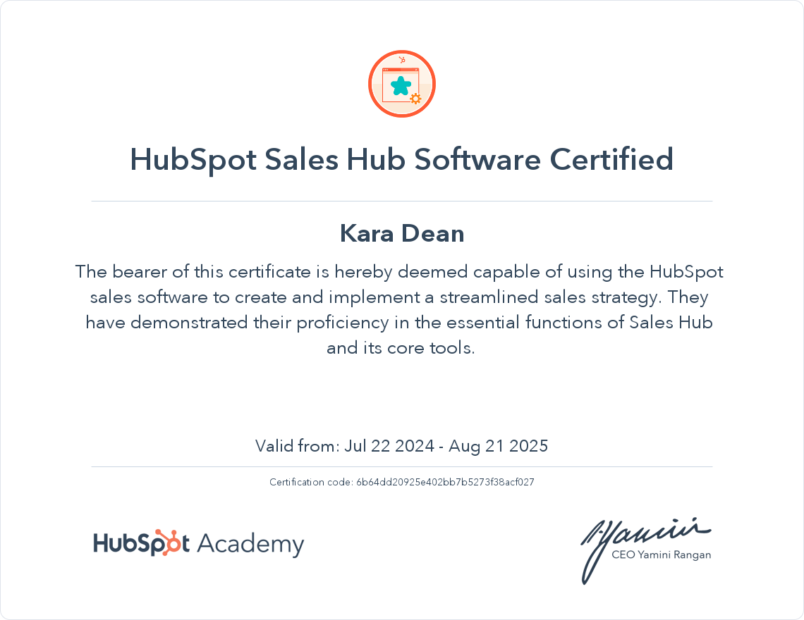 HubSpot Academy HubSpot Sales Hub Software Certification