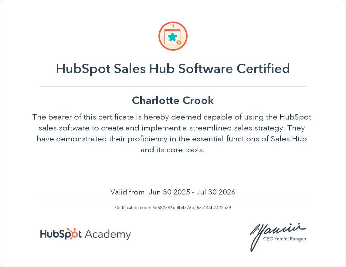 HubSpot Academy HubSpot Sales Hub Software Certification
