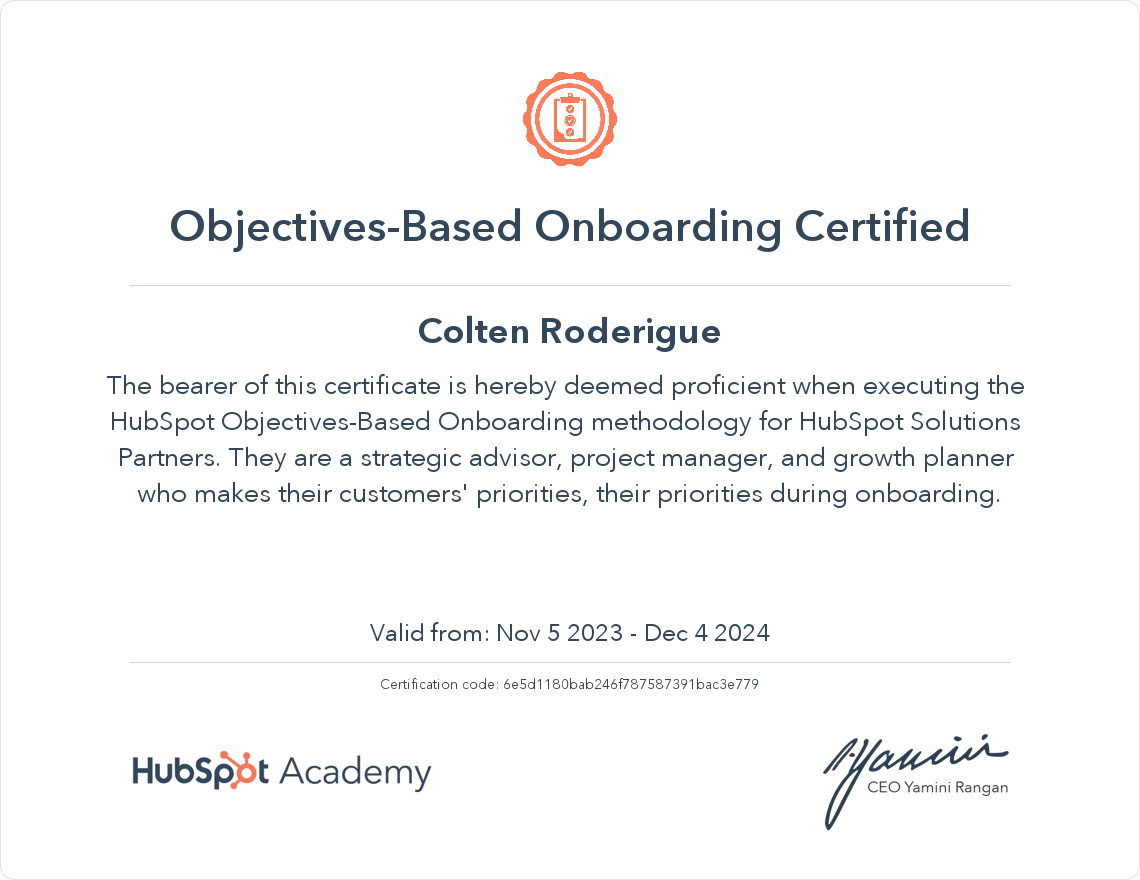 HubSpot Academy Objectives-Based Onboarding Certification