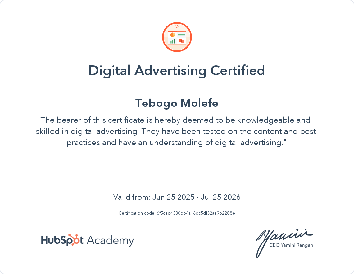 HubSpot Academy Digital Advertising Certification