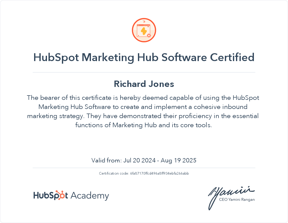 HubSpot Academy HubSpot Marketing Hub Software Certification