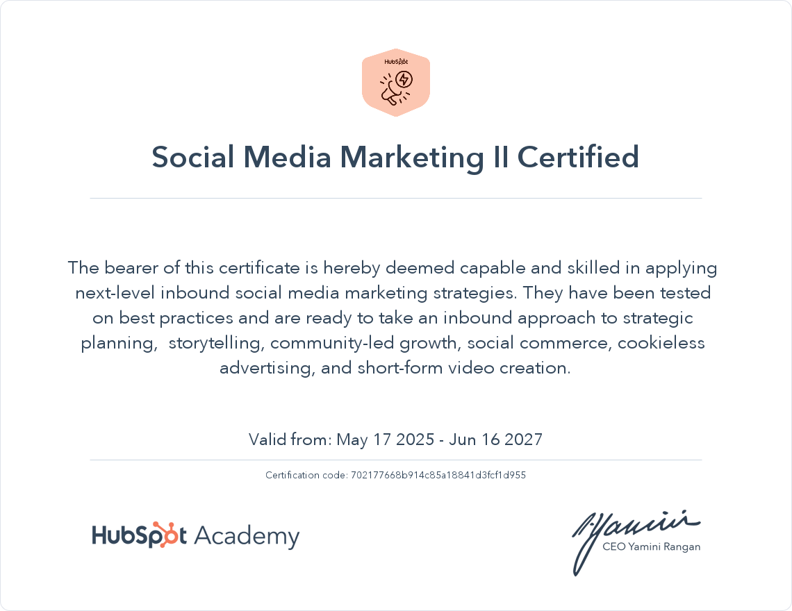 HubSpot Academy Social Media Marketing Certification II Certification