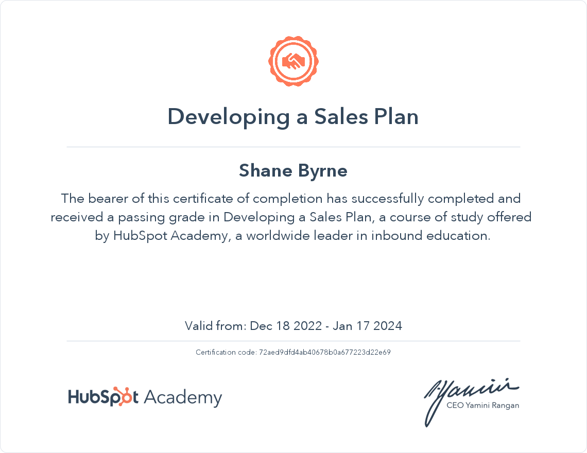 HubSpot Academy Developing a Sales Plan Certification HubSpot Academy Developing a Sales Plan Certification