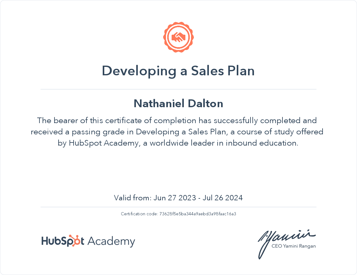 HubSpot Academy Developing a Sales Plan Certification HubSpot Academy Developing a Sales Plan Certification