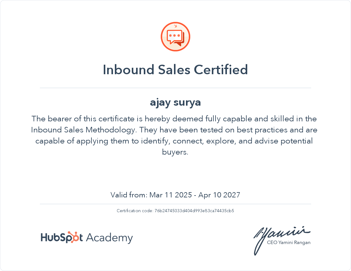 HubSpot Academy Inbound Sales Certification