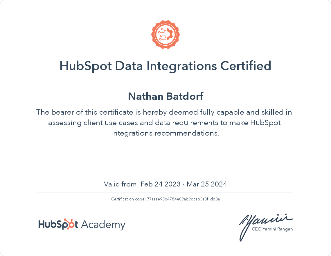 HubSpot Academy Data Integrations Certification Certification