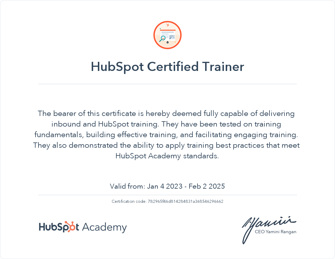 HubSpot Academy HubSpot Trainer Certification Certification