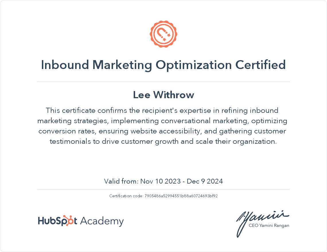 HubSpot Academy Inbound Marketing Optimization Certification