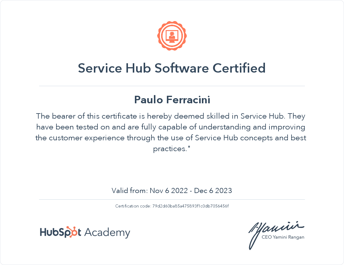Certificação da HubSpot Academy Service Hub Software