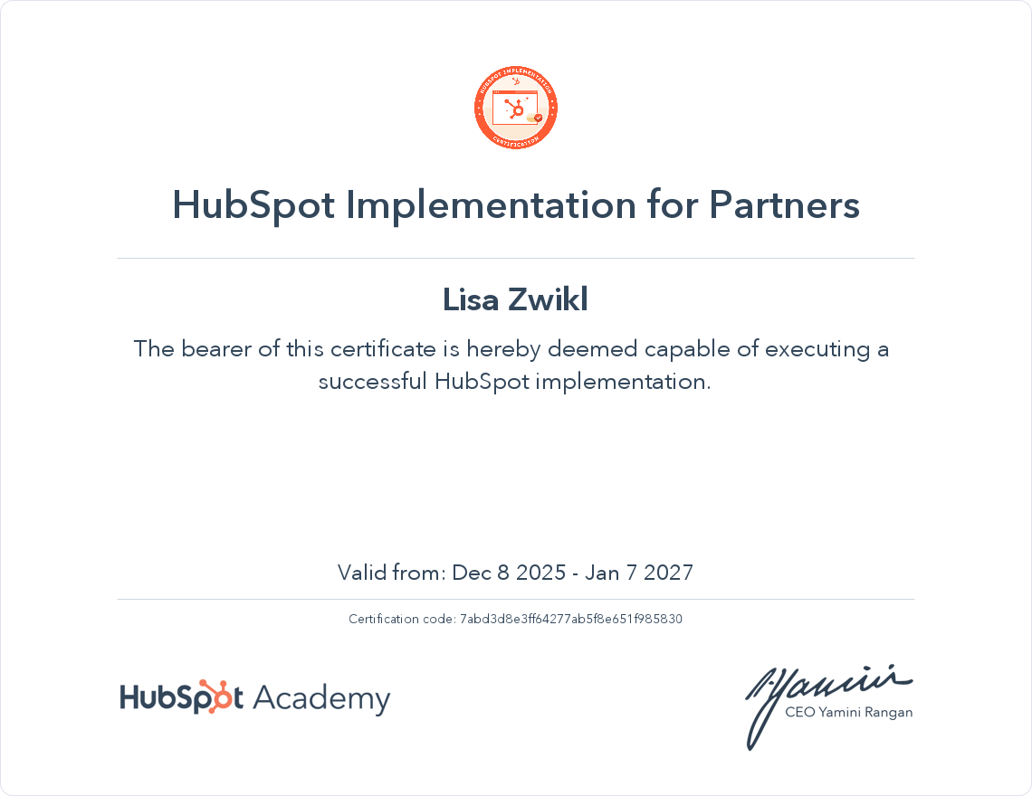 HubSpot Academy HubSpot Implementation for Partners Certification