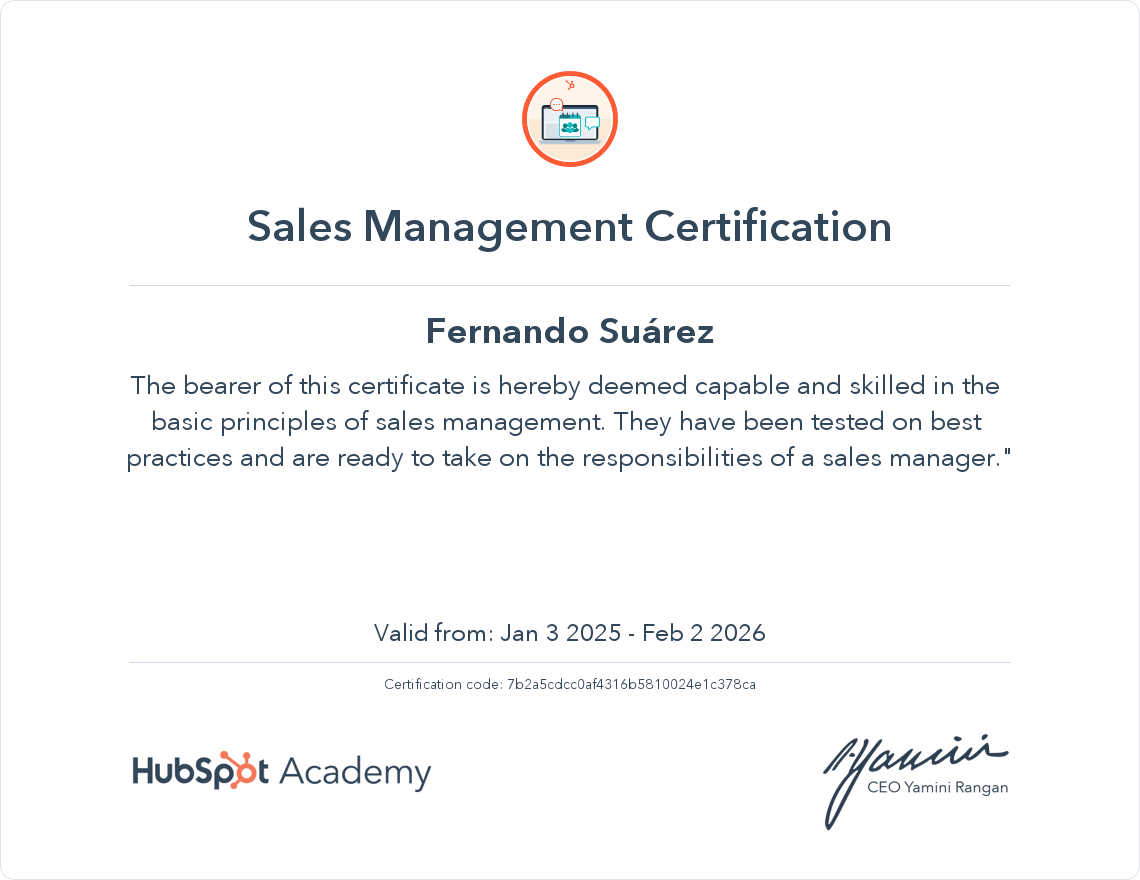HubSpot Academy Sales Management Certification