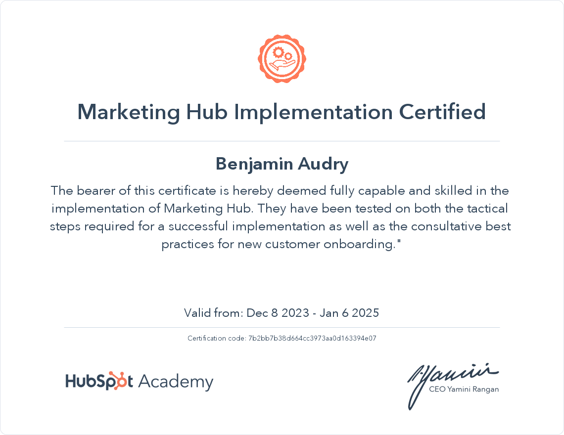 HubSpot Academy Implémentation du Marketing Hub Certification