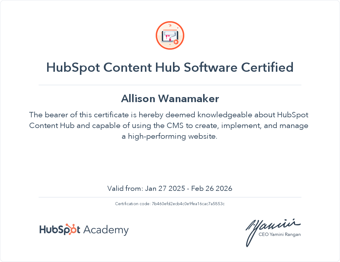 HubSpot Academy HubSpot Content Hub for Marketers Certification