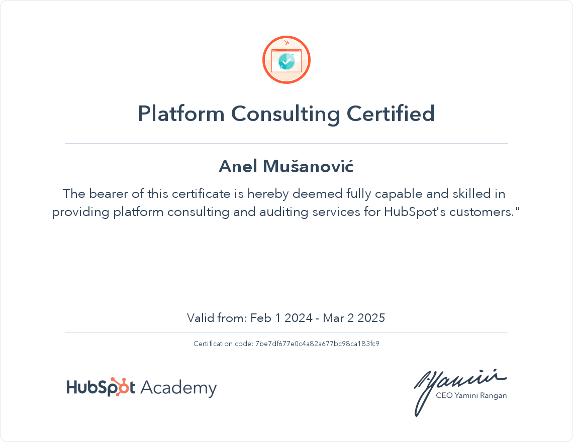 HubSpot Academy Platform Consulting Certification