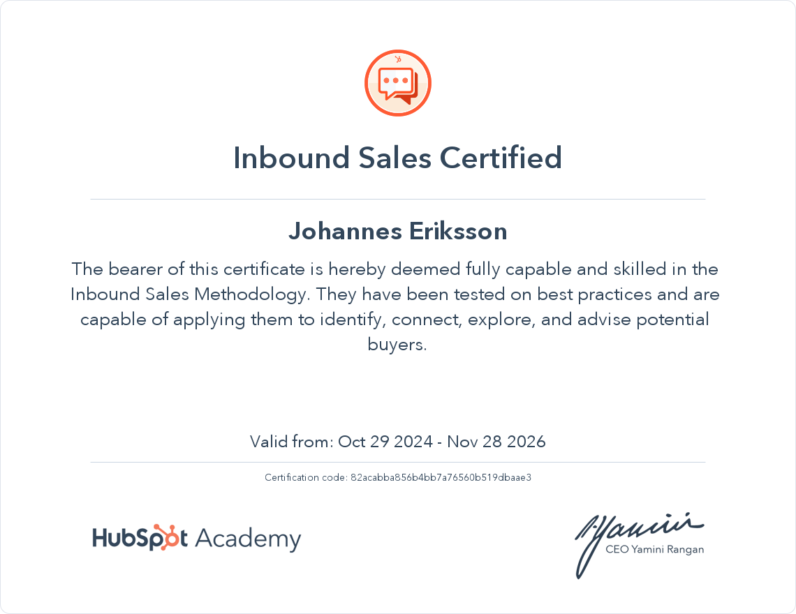 HubSpot Academy Inbound Sales Certification