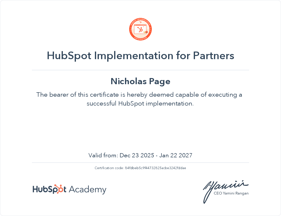 HubSpot Academy HubSpot Implementation for Partners Certification