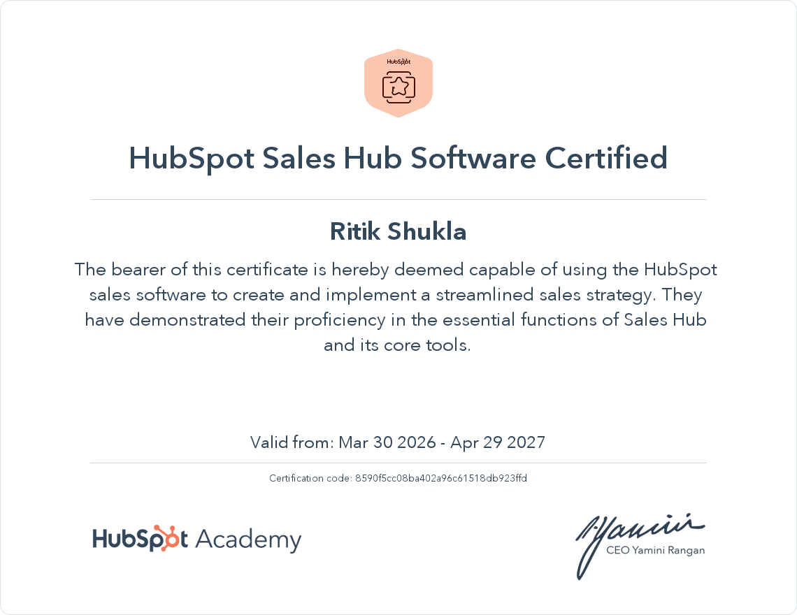 HubSpot Academy HubSpot Sales Hub Software Certification