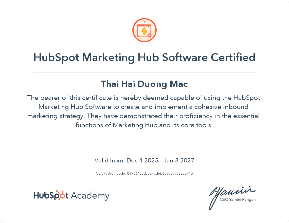 HubSpot Academy HubSpot Marketing Hub Software Certification