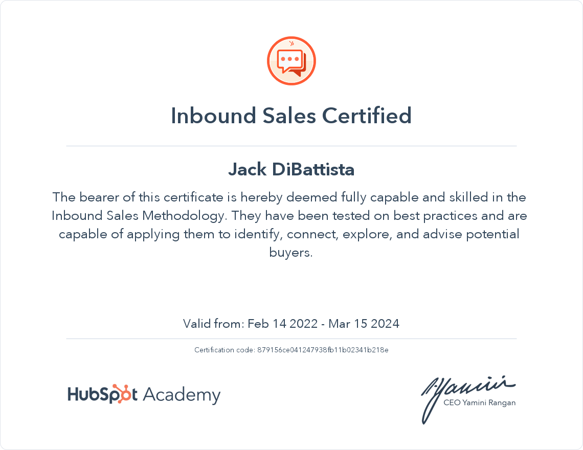 HubSpot Academy Inbound Sales Certification