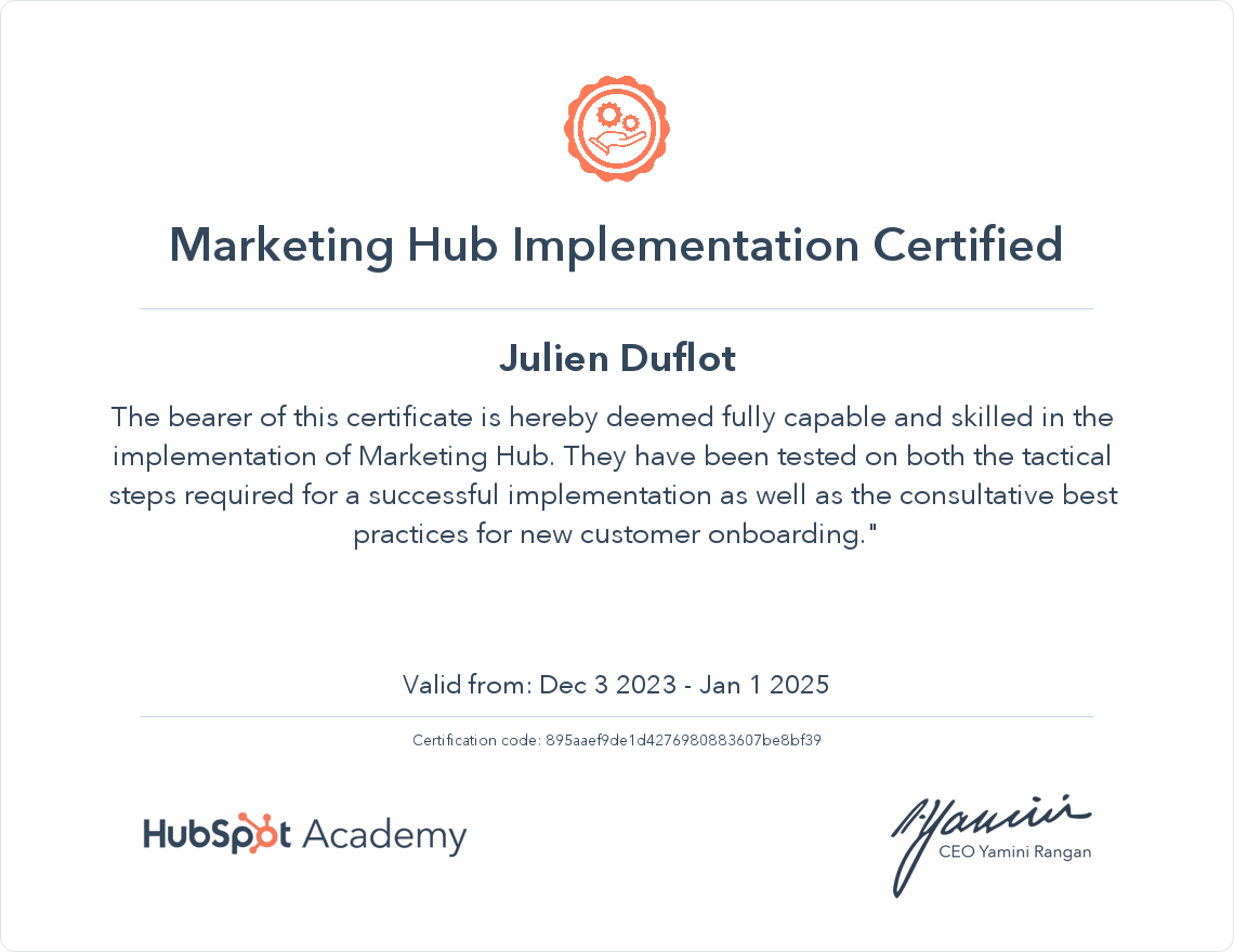 HubSpot Academy Implémentation du Marketing Hub Certification
