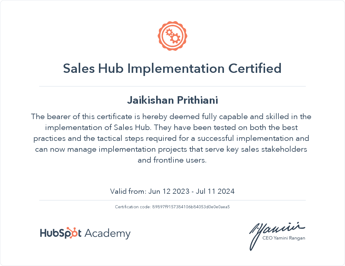 HubSpot Academy Implémentation du Sales Hub Certification