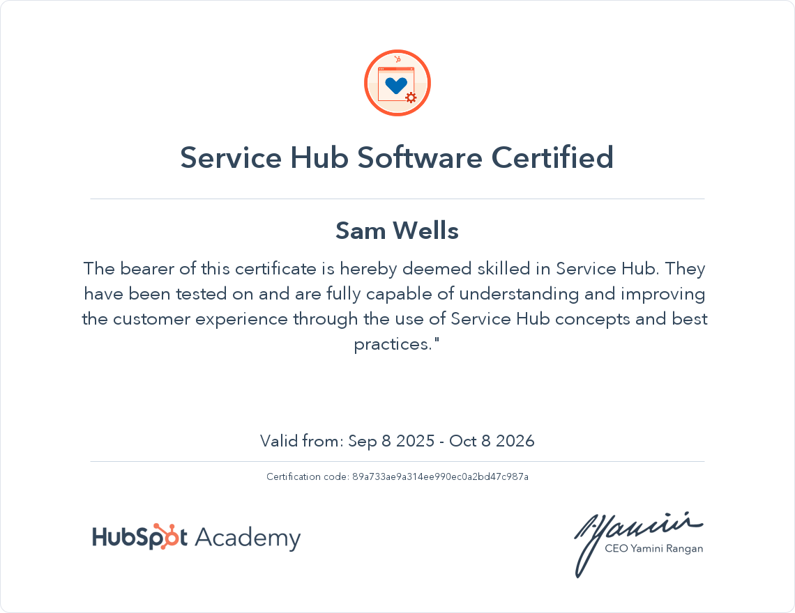 HubSpot Academy Service Hub Software Certification
