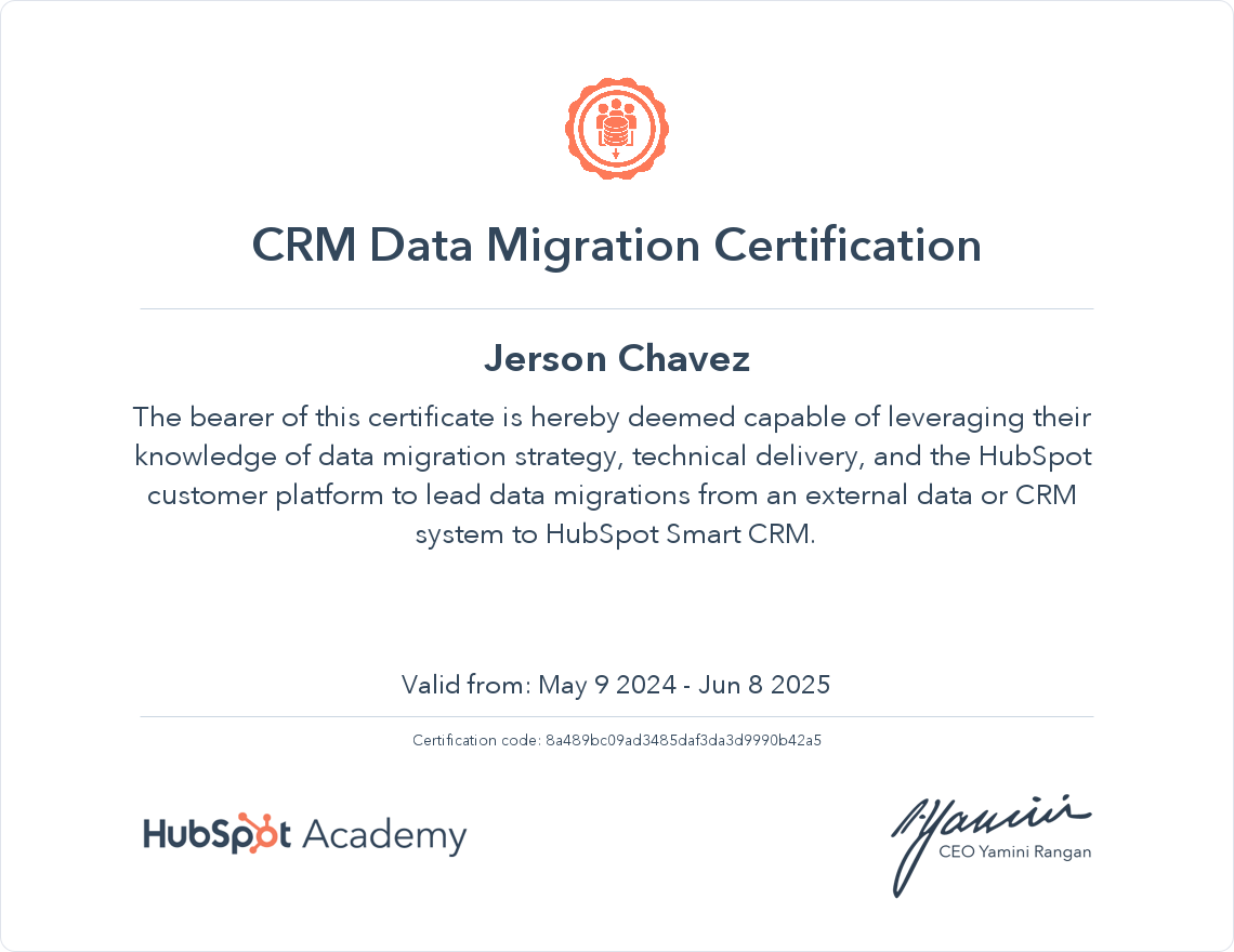 HubSpot Academy CRM Data Migration Certification Certification