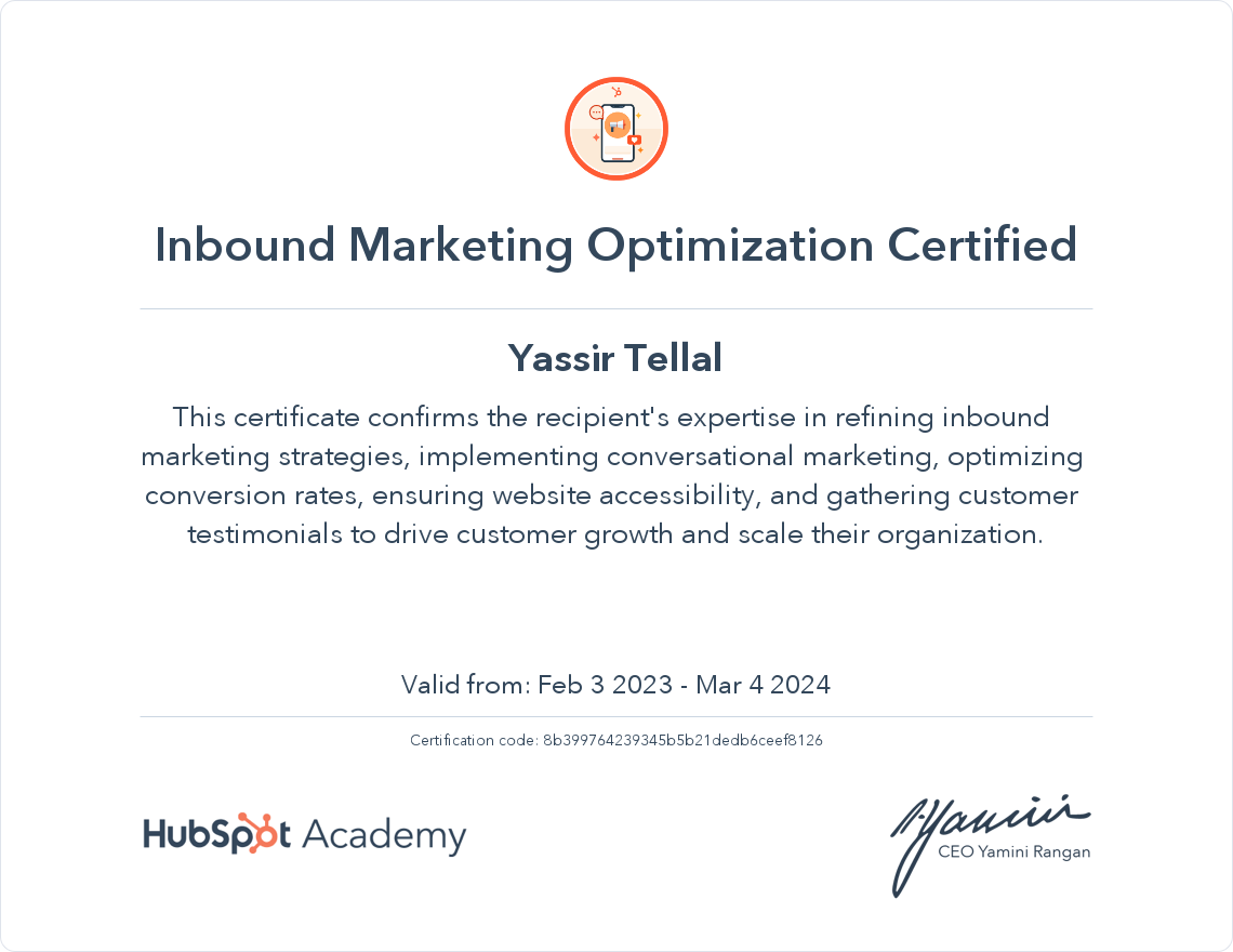 Certification Inbound Marketing Optimization de HubSpot Academy