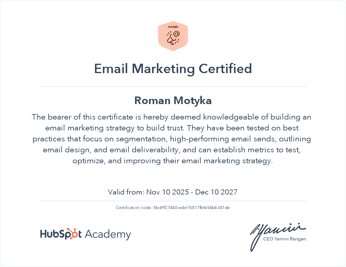 HubSpot Academy Email Marketing Certification